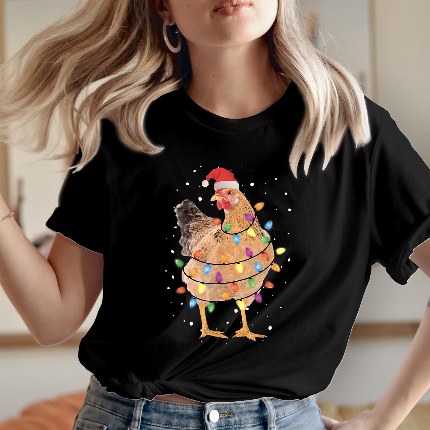 Chicken Tangled With Christmas Light T-Shirt | Funky Kittens