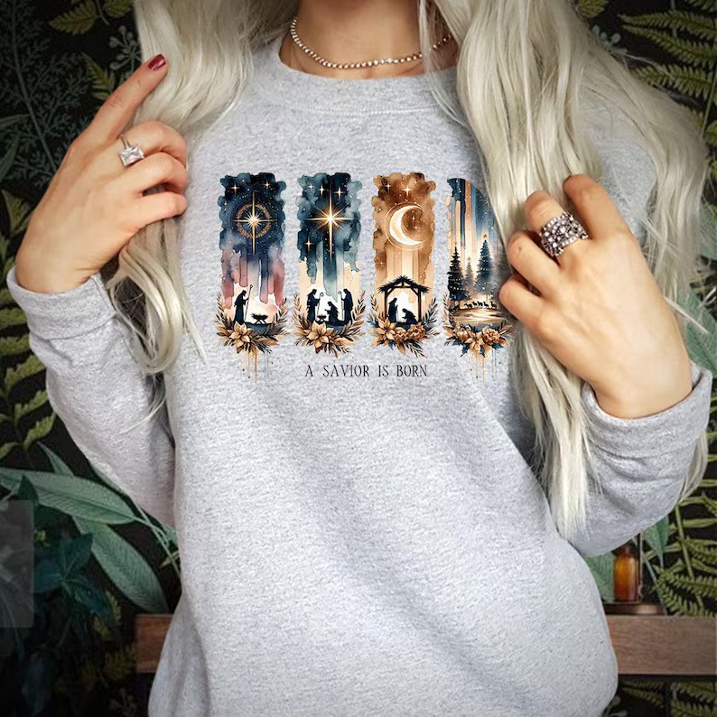 Merry Christmas Nativity Scene Sweatshirt Christian Christmas Cross ...
